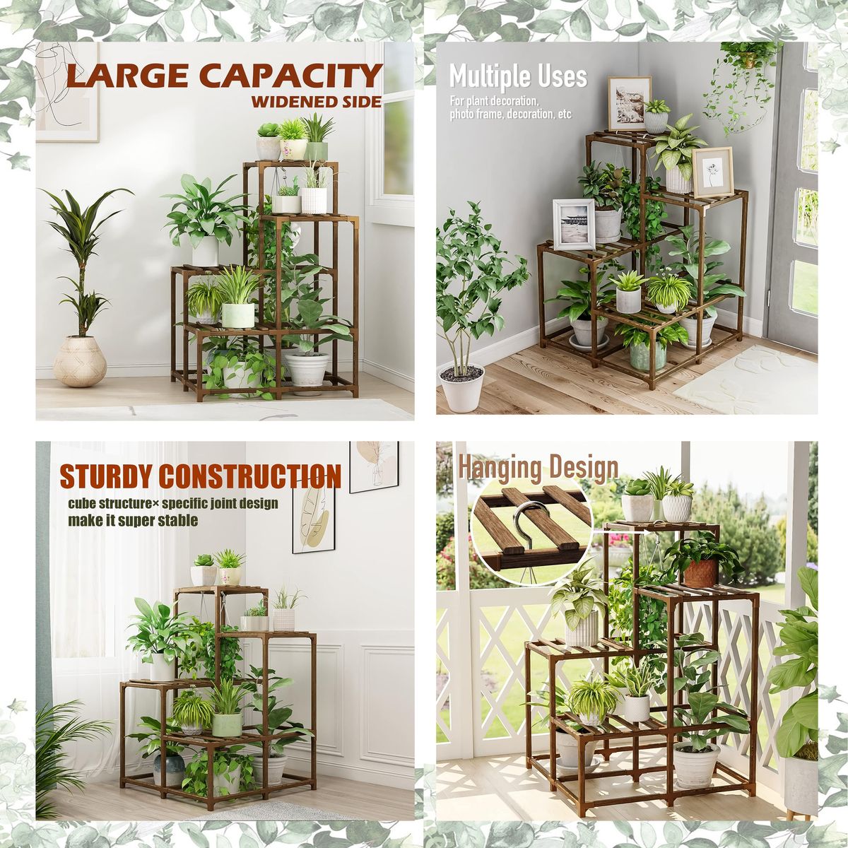 4 Tier Wooden Plant Display Stand For Indoor Outdoor Patio, Balcony De ...